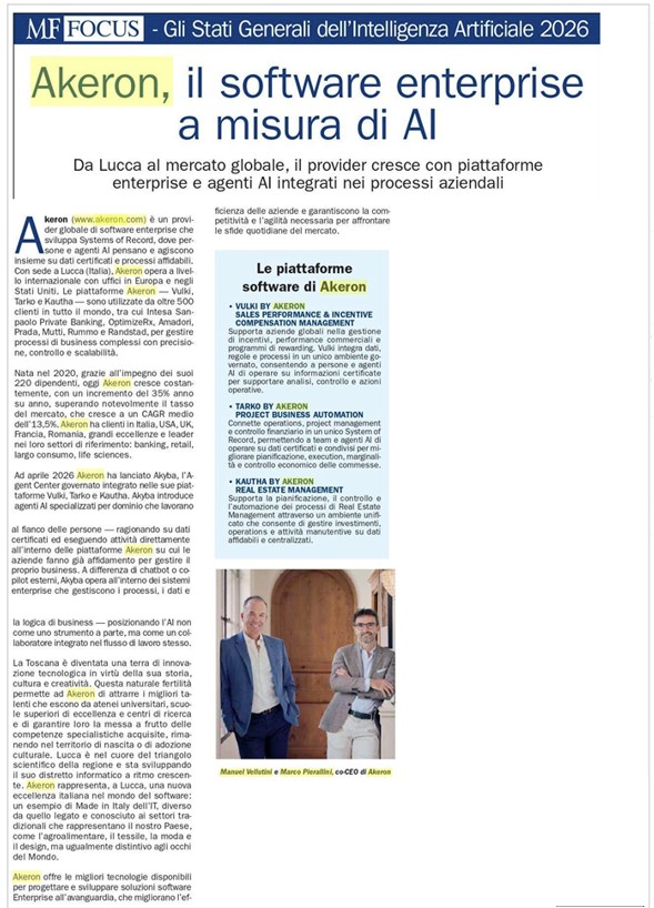 Akeron su Milano Finanza: il software enterprise a misura di AI ...